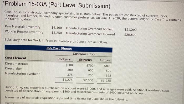 Solved *Problem 15-03A (Part Level Submission) Case Inc. is | Chegg.com
