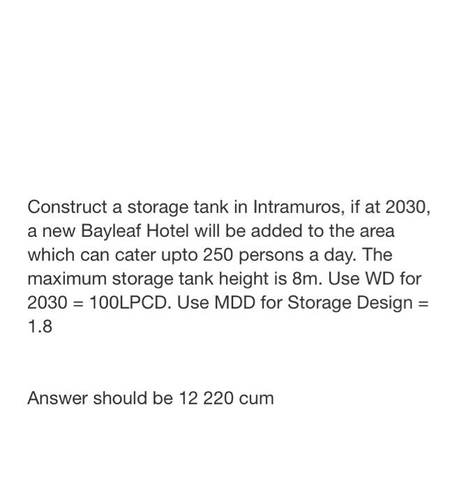 Construct a storage tank in Intramuros, if at 2030, a | Chegg.com
