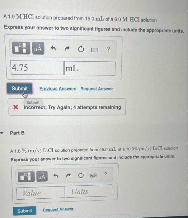 Solved A 1.9 M HCl solution prepared from 15.0 mL of a 6.0 M | Chegg.com