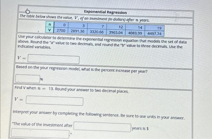 Solved Exponential Regression The table below shows the | Chegg.com