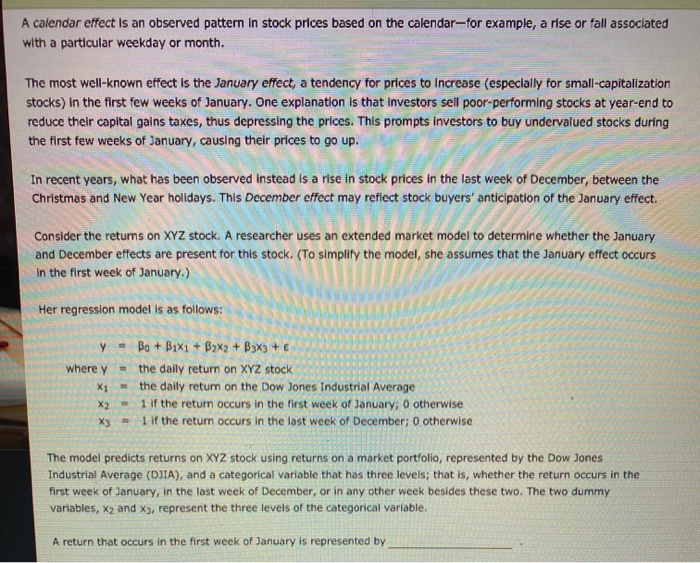 Solved A calendar effect is an observed pattern in stock | Chegg.com