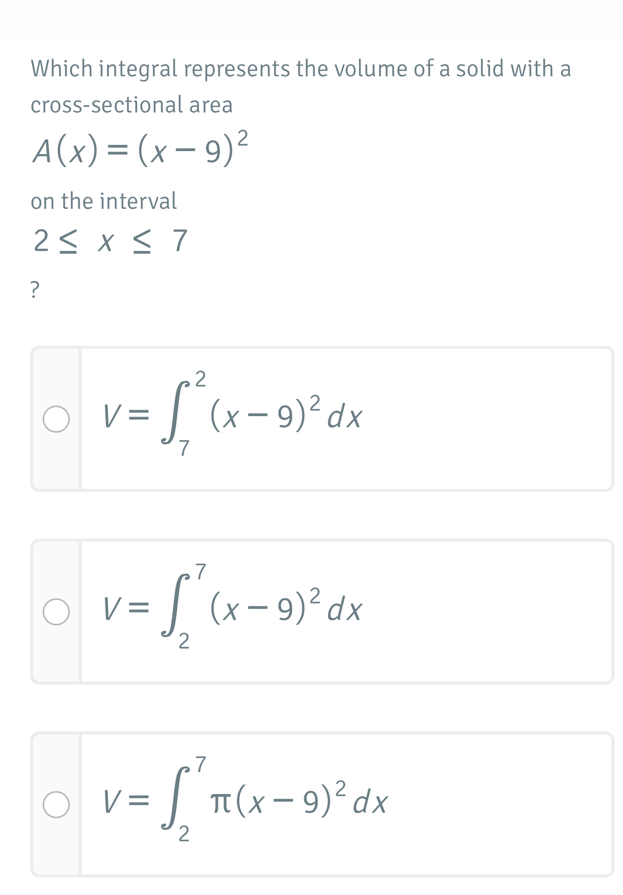 Solved Which integral represents the volume of a solid with | Chegg.com