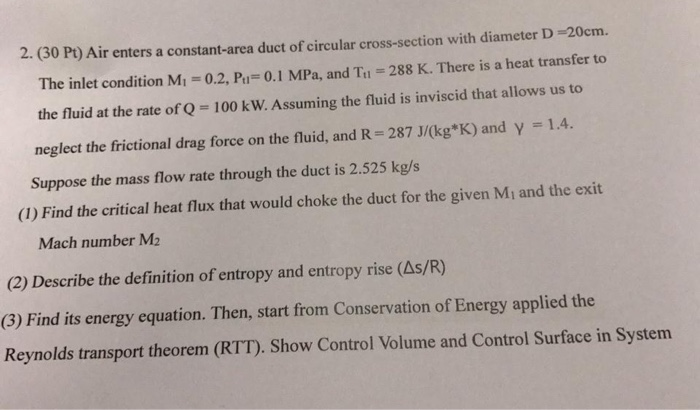 2. (30 Pt) Air enters a constant-area duct of | Chegg.com