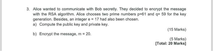 Solved 3. Alice wanted to communicate with Bob secretly. | Chegg.com