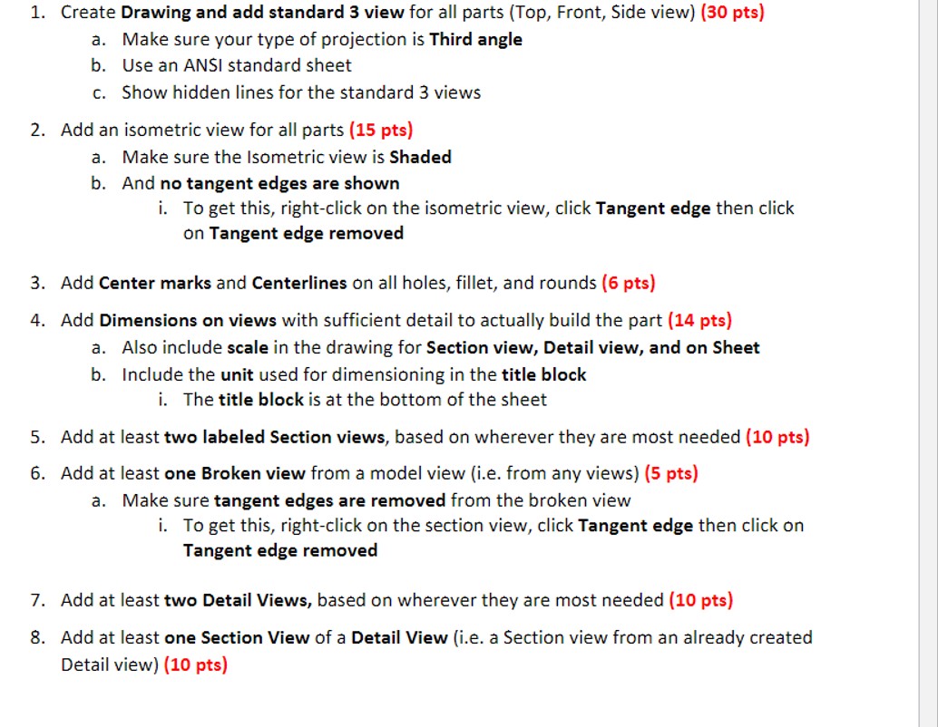Create Drawing and add standard 3 ﻿view for all parts | Chegg.com