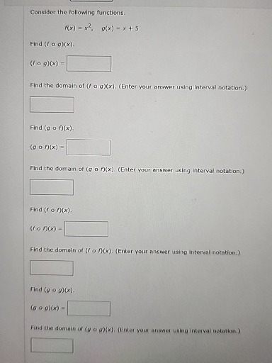 Solved Consider the following functions.f(x)=x2,g(x)-x+5Find | Chegg.com