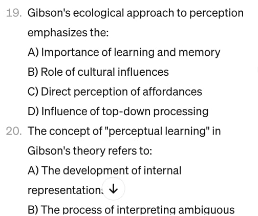 Solved Gibson's ecological approach to perception emphasizes | Chegg.com