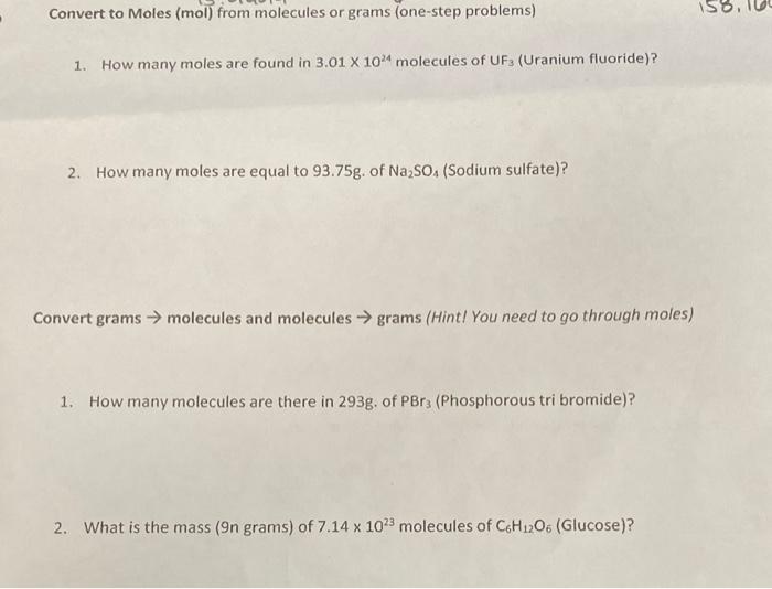 Solved Convert to Moles (mol) from molecules or grams | Chegg.com