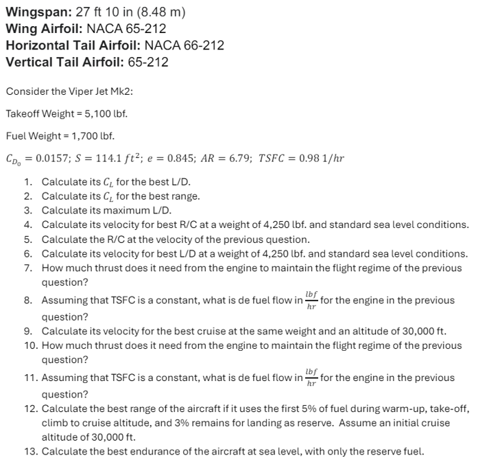 Solved Wingspan: 27ft10 ﻿in (8.48m)Wing Airfoil: NACA | Chegg.com