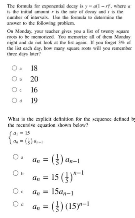 Solved The formula for exponential decay is y=a(1−r)t, where | Chegg.com