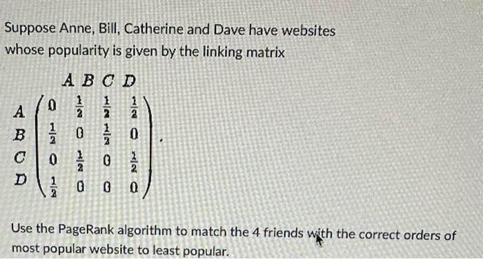 Solved Suppose Anne, Bill, Catherine and Dave have websites | Chegg.com