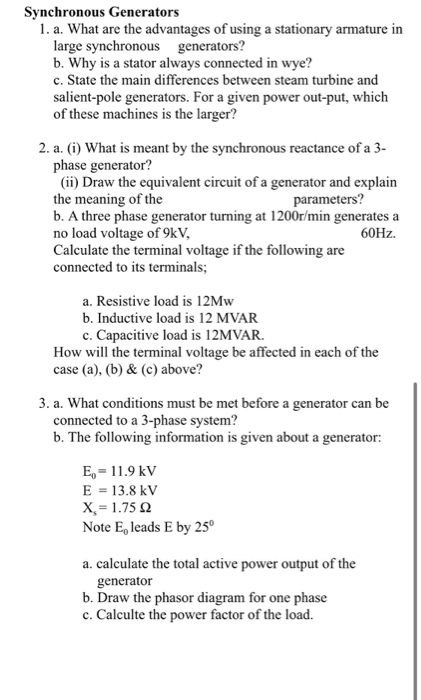 Solved Synchronous Generators 1. a. What are the advantages | Chegg.com