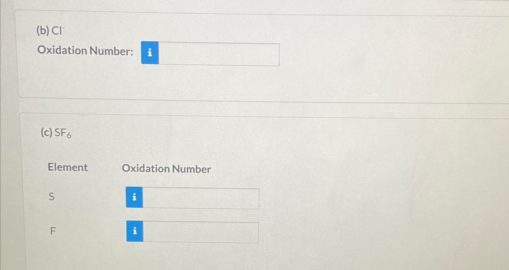 Solved Assign oxidation numbers to the atoms(b) Cl-(c) SF6 | Chegg.com