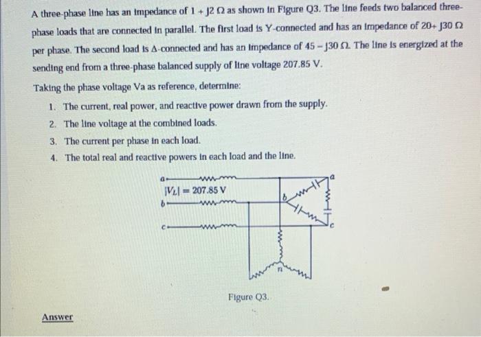 Solved A three-phase line has an impedance of 1+jΩΩ as shown | Chegg.com