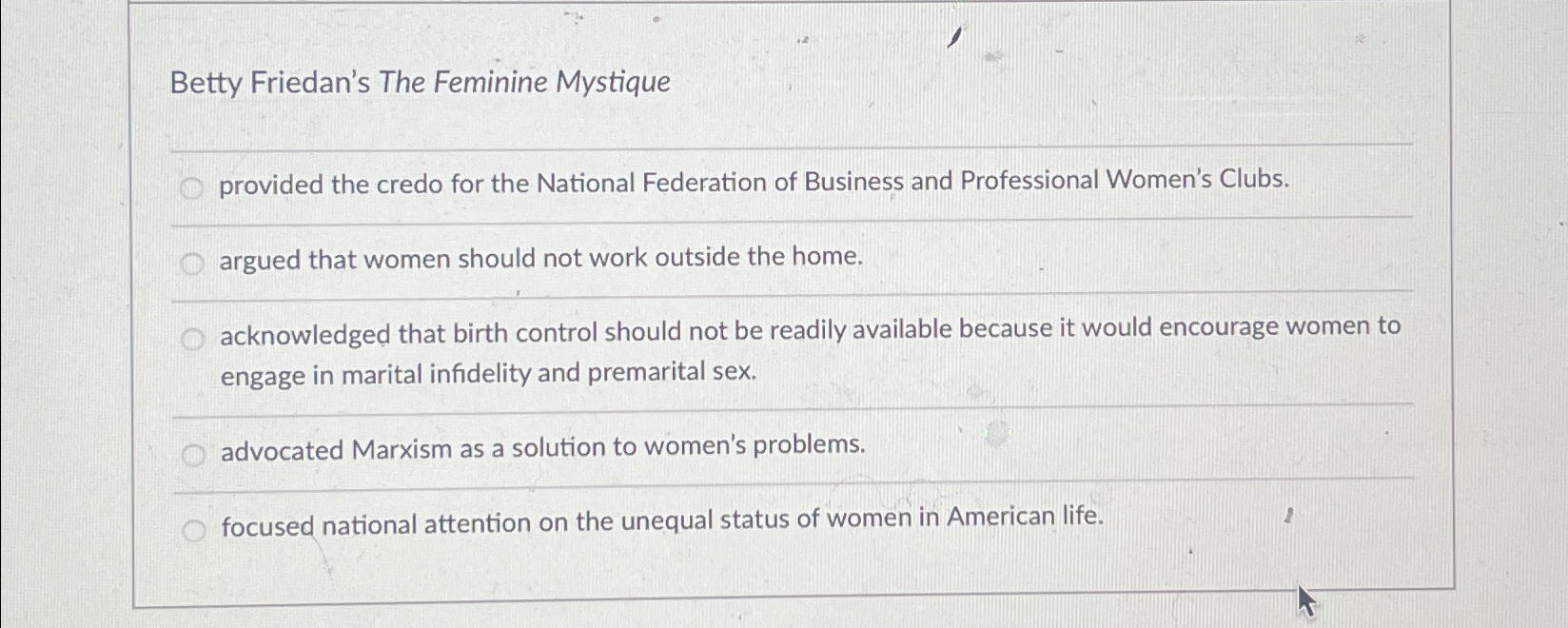 Solved Betty Friedan's The Feminine Mystiqueq,provided the | Chegg.com