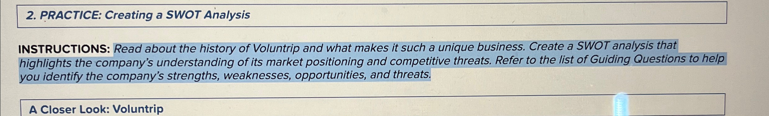 Solved PRACTICE: Creating a SWOT AnalysisINSTRUCTIONS: Read | Chegg.com