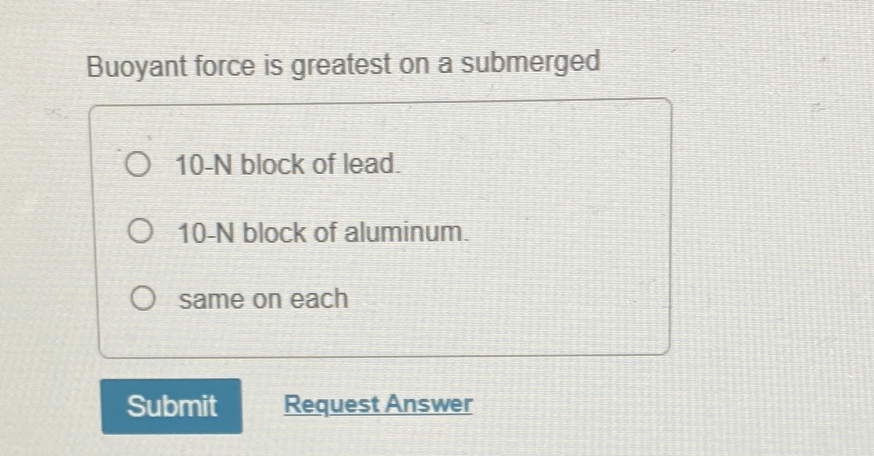 Solved Buoyant force is greatest on a submerged10-N block of | Chegg.com