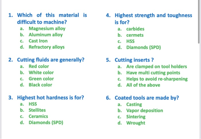 Solved 1. Which of this material is difficult to machine? a. | Chegg.com