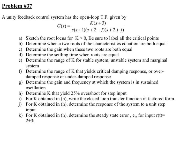 Solved Problem #37 A unity feedback control system has the | Chegg.com