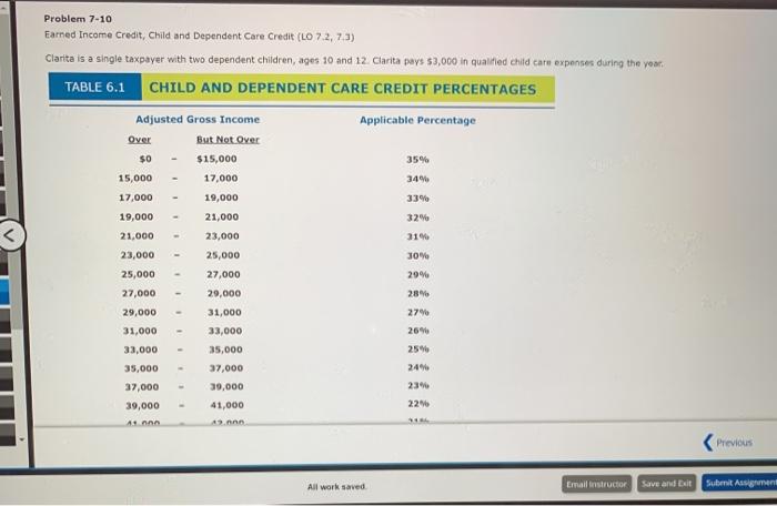 Problem 7-10 Earned Income Credit, Child and | Chegg.com