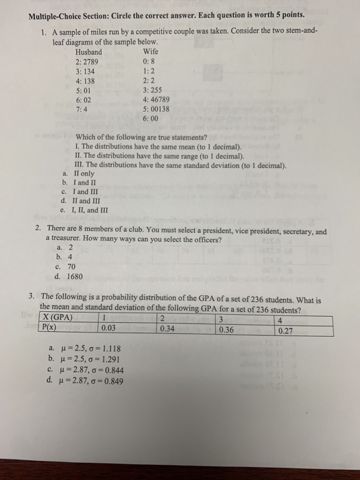 Solved Multiple-Choice Section: Circle the correct answer. | Chegg.com
