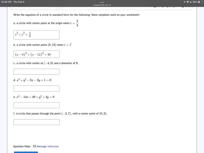 Solved Write the equation of a circle in standard form for | Chegg.com