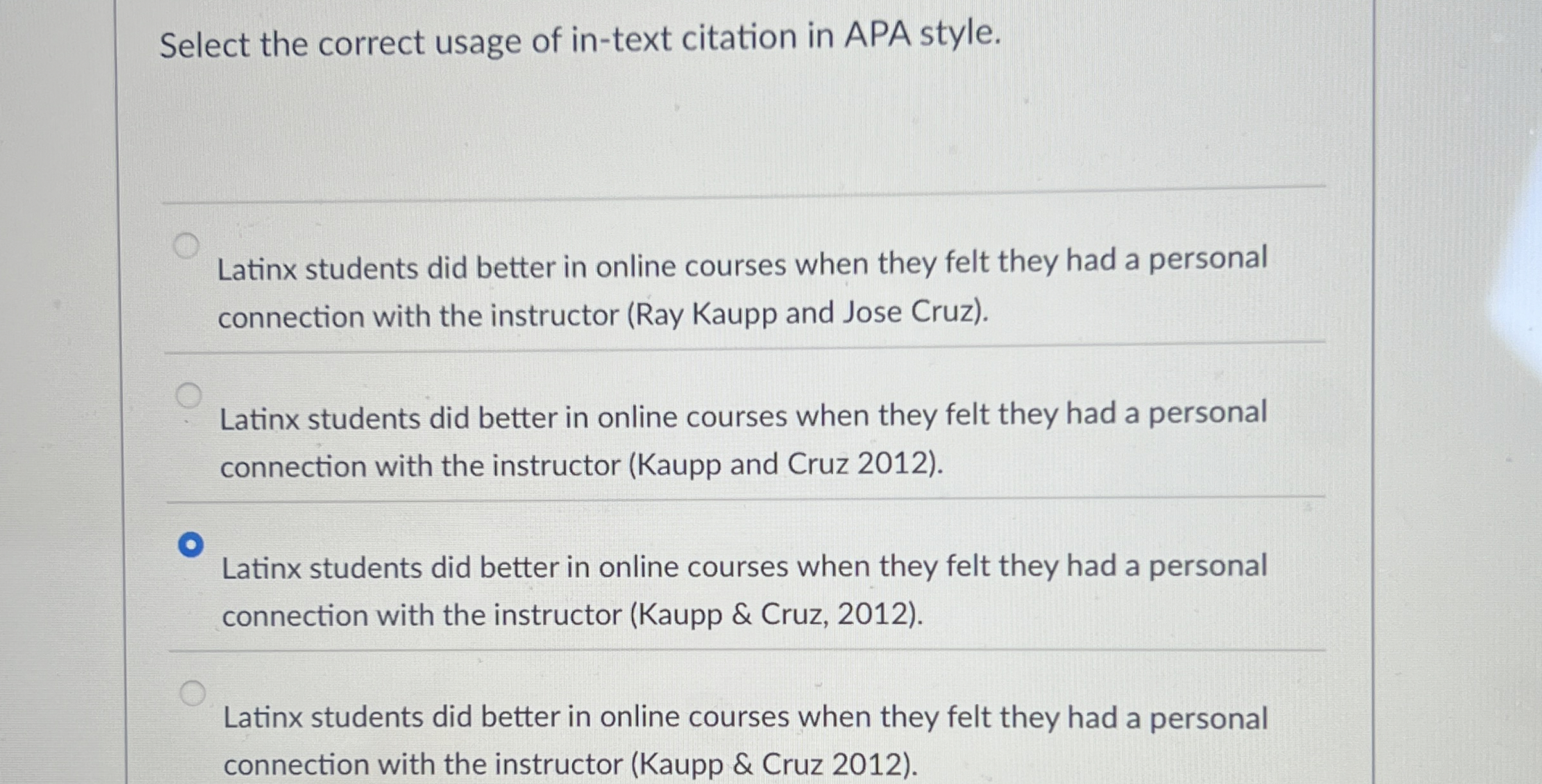 Solved Select the correct usage of in-text citation in APA | Chegg.com
