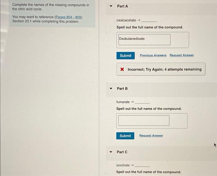 Solved Part A Complete the names of the missing compounds in | Chegg.com