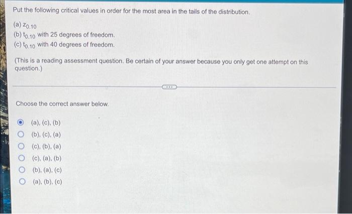 Solved Put the following critical values in order for the | Chegg.com