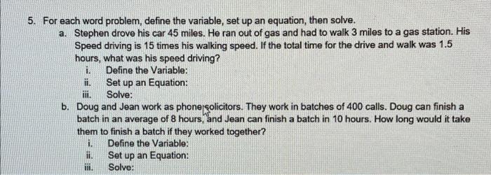 Solved 5. For each word problem, define the variable, set up | Chegg.com