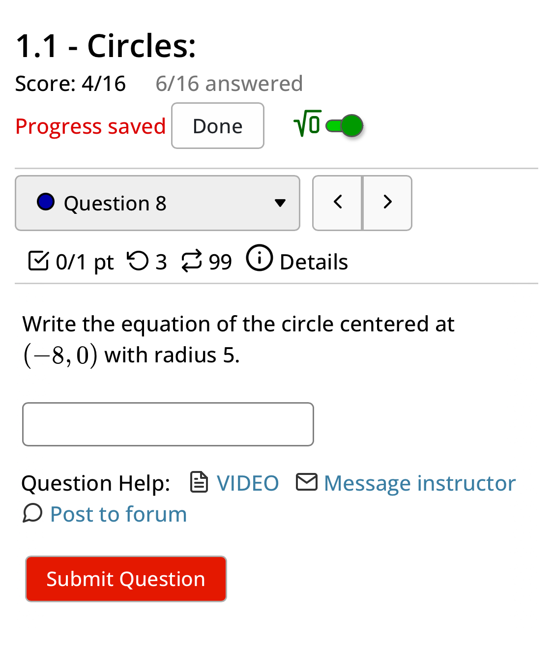 Solved 1.1 - ﻿Circles:Score: 4/16 6/16 ﻿answeredProgress | Chegg.com