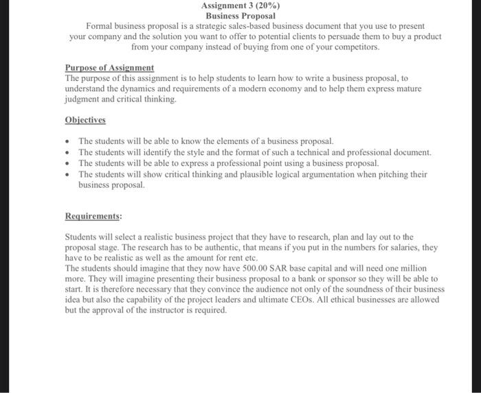 Solved Assignment 3 (20%) Business Proposal Formal business | Chegg.com