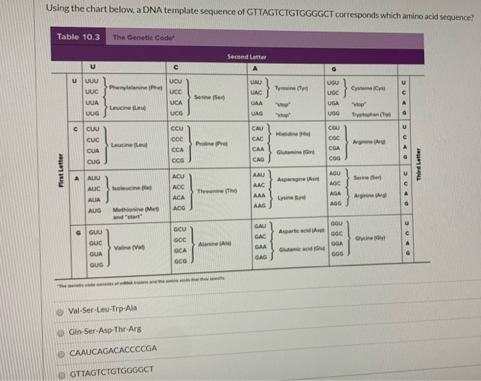 Solved Using the chart below, a DNA template sequence of | Chegg.com