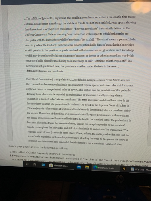 Merchants Under the UCC Case Submitting a text entry | Chegg.com