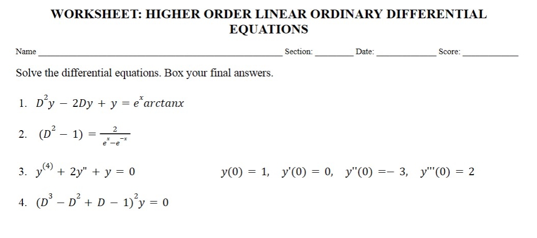 Solved Worksheet Higher Order Linear Ordinary Differential
