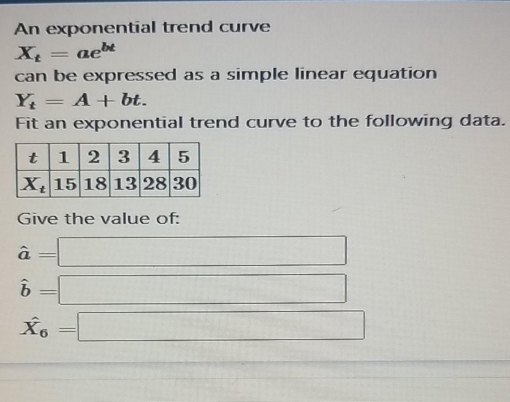 Solved aebe An exponential trend curve X can be expressed as | Chegg.com