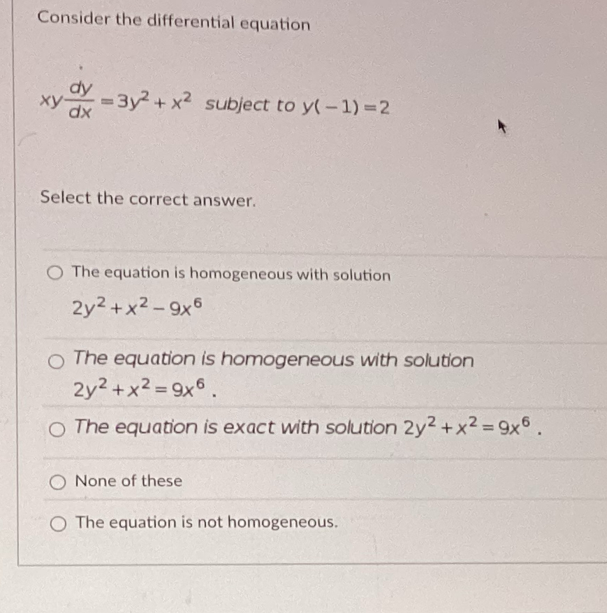 Consider the differential equationxydydx=3y2+x2 | Chegg.com
