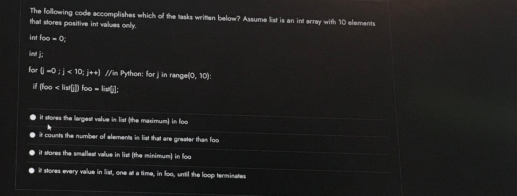 Solved The following code accomplishes which of the tasks | Chegg.com