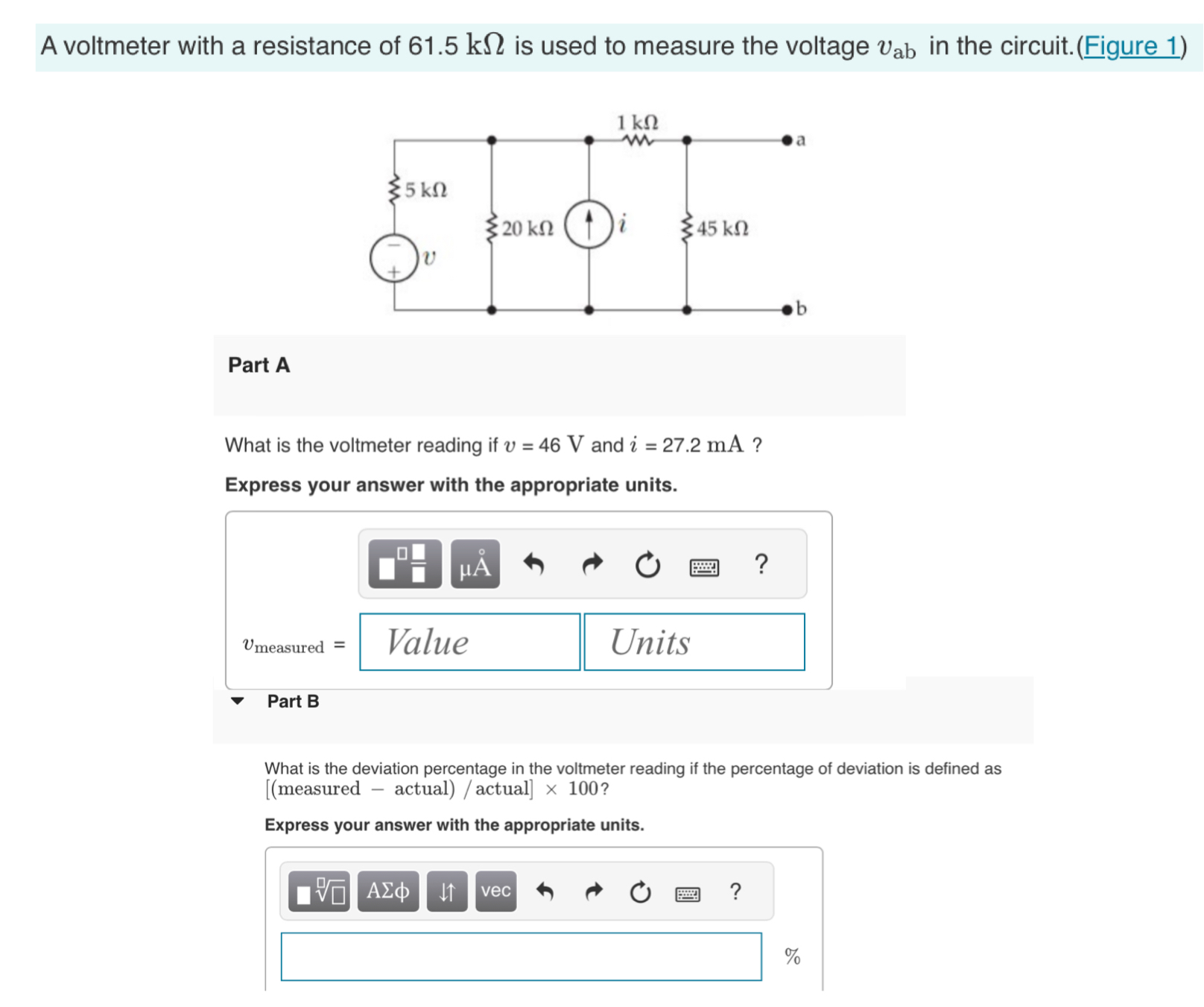 Solved A voltmeter with a resistance of 61.5k\Omega is used | Chegg.com