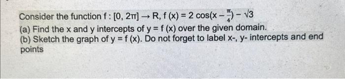 Solved Consider the function f:[0,2π]→R,f(x)=2cos(x−4π)−3 | Chegg.com