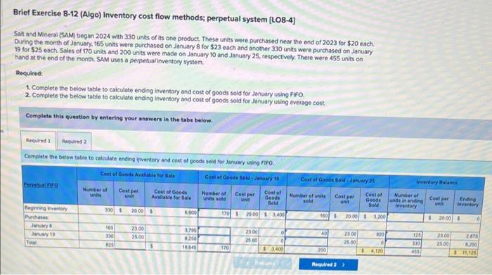 Solved Brief Exercise 8-12 (Algo) Inventory cost flow | Chegg.com
