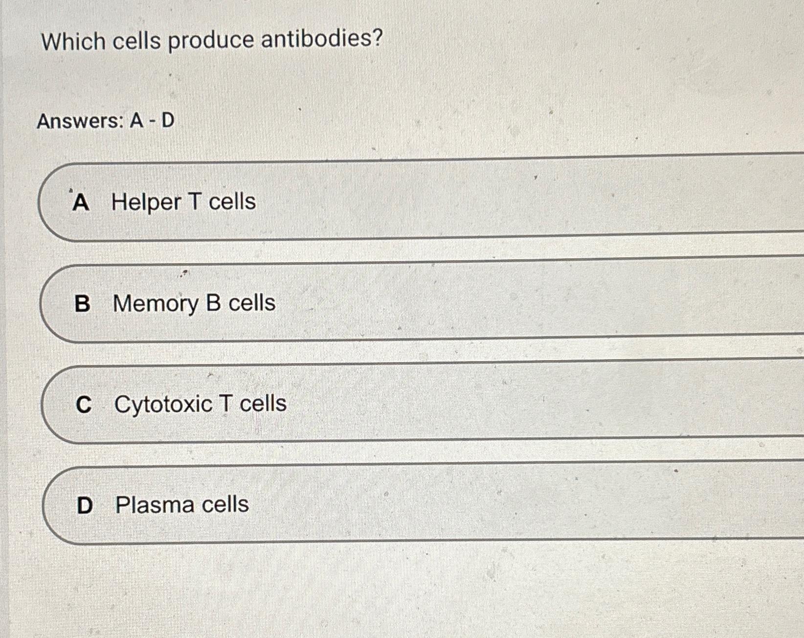 Solved Which cells produce antibodies?Answers: A - ﻿DB | Chegg.com
