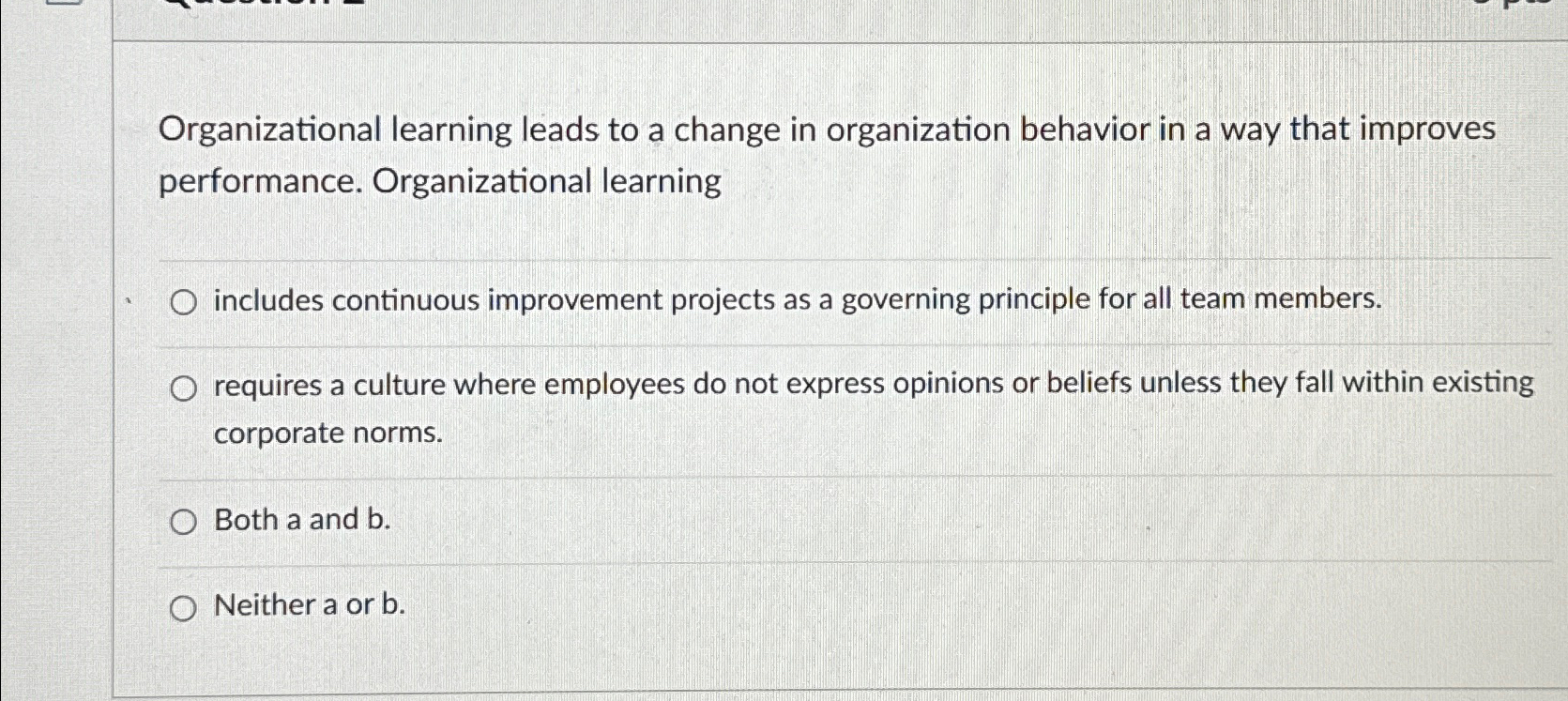 Solved Organizational learning leads to a change in | Chegg.com