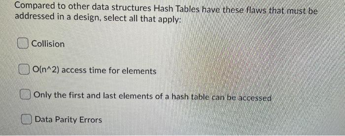 Solved Compared to other data structures Hash Tables have | Chegg.com