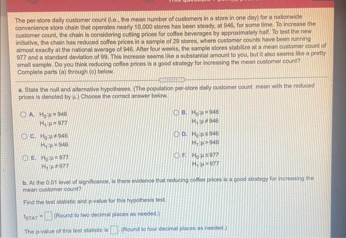 Solved The per-store daily customer count(.e. the mean | Chegg.com