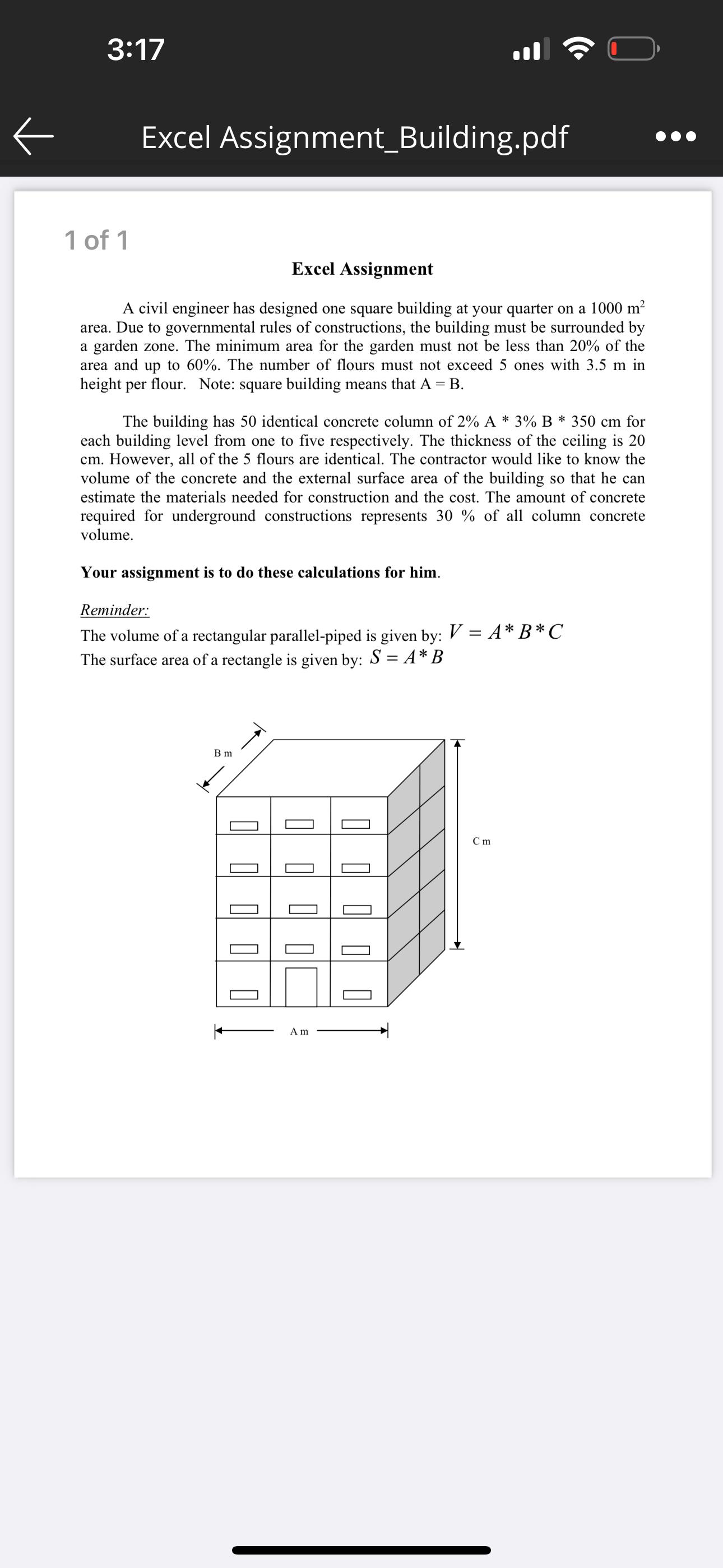 Solved 3:17\\nExcel Assignment_Building.pdf\\n1 of 1\\nExcel | Chegg.com