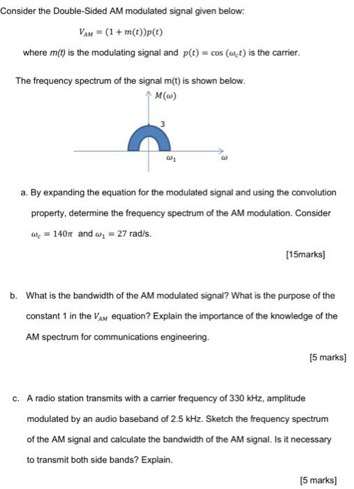 Solved Consider the Double-Sided AM modulated signal given | Chegg.com