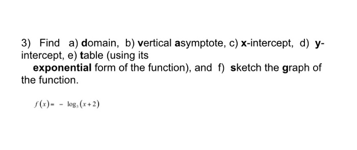 Solved 3) Find a) domain, b) vertical asymptote, c) | Chegg.com