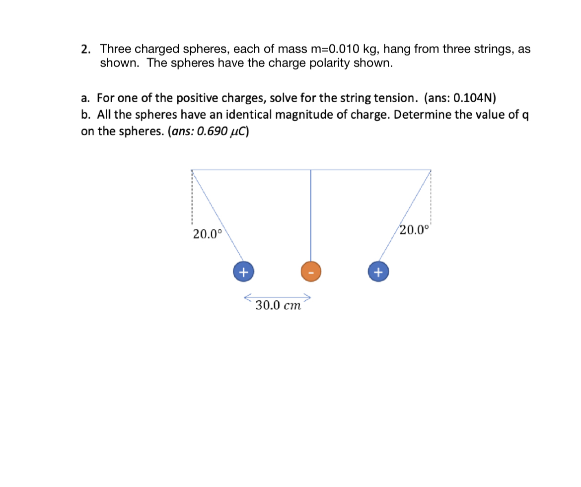 Solved Three charged spheres, each of mass m=0.010kg, ﻿hang | Chegg.com