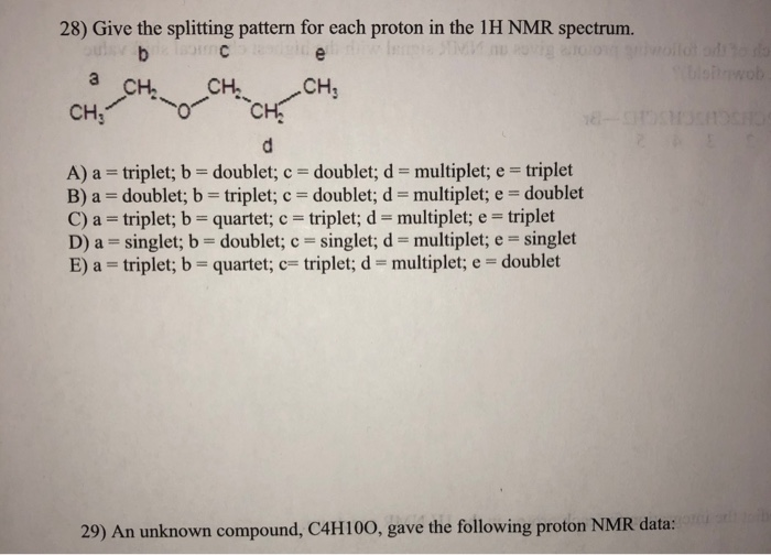 Solved 28) Give the splitting pattern for each proton in the | Chegg.com